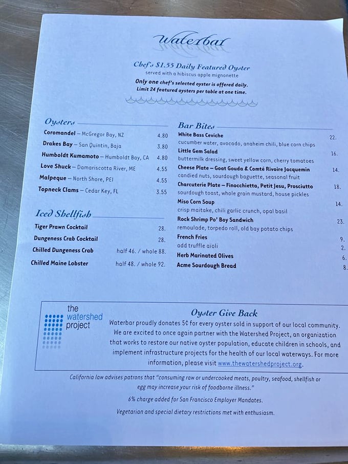 This menu reads like a coastal road trip – from Humboldt Bay to New Zealand, with each oyster carrying its own passport and flavor story.