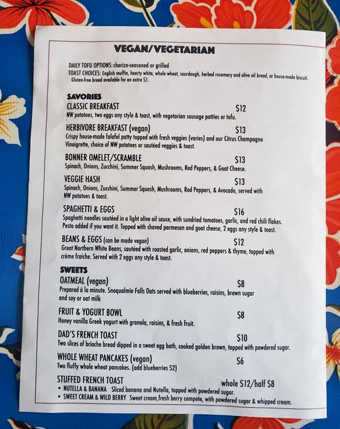 A menu that respects vegetables enough to give them starring roles—proof that Idaho knows there's more to life than just potatoes.