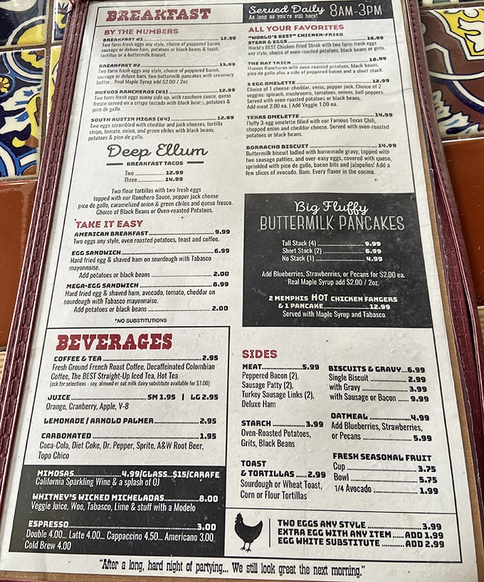 The menu that launched a thousand road trips – breakfast served all day because some decisions shouldn't be rushed by arbitrary time constraints.