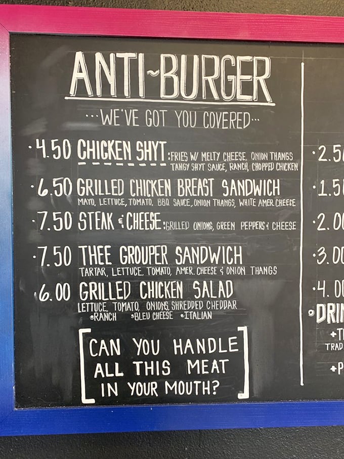 The "Anti-Burger" menu proves these folks have a sense of humor as bold as their flavors. "Can you handle all this meat in your mouth?" Indeed.