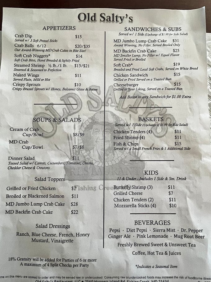 The menu reads like a love letter to the Chesapeake Bay—where deciding between Maryland crab soup and cream of crab might be the day's toughest challenge.