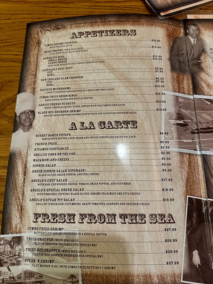 A menu that tells stories of seafood treasures and beefy indulgences, each item a potential memory waiting to be savored.