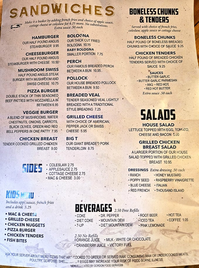 A menu that cuts straight to the chase—no fancy descriptions needed when the food speaks this loudly. That thick-cut fried bologna is calling your name!