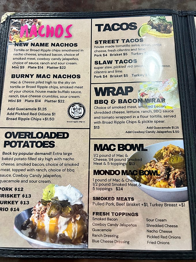 This isn't just a menu—it's a roadmap to happiness. The "Overloaded Potatoes" and "Mondo Mac Bowl" aren't just meal options, they're life choices.