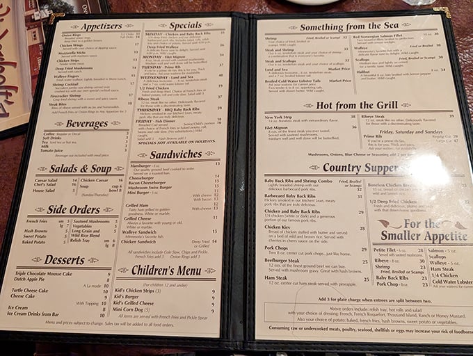 A menu that doesn't need trendy fonts or QR codes—just straightforward classics that have earned their place through decades of deliciousness.