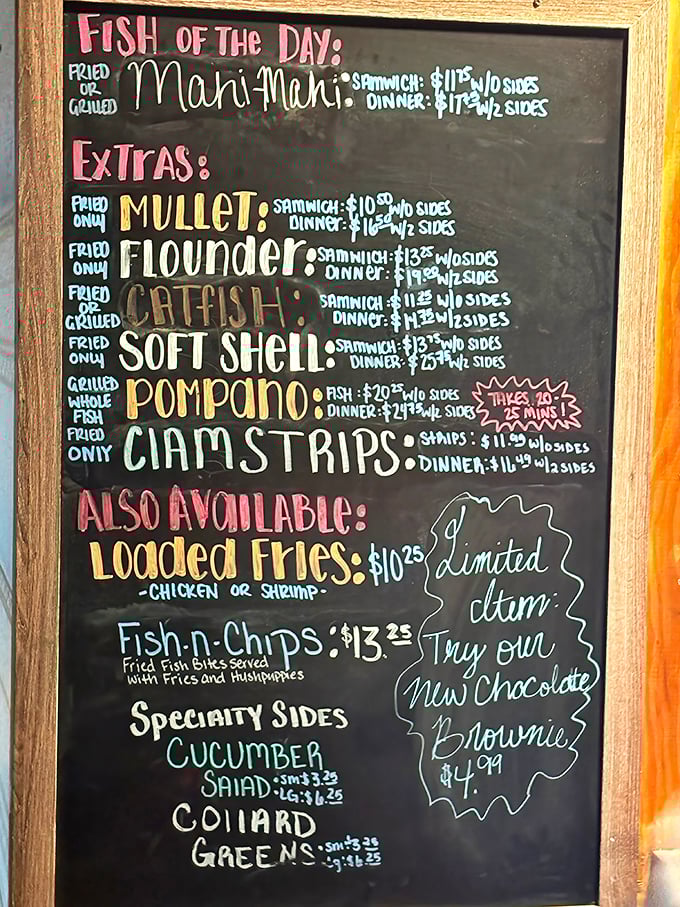 The chalkboard menu – seafood's version of "what's fresh today" – showcases local catches from mahi-mahi to mullet, no corporate lamination required.