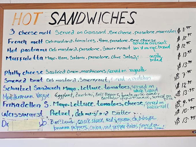 This handwritten menu is like a roadmap to happiness. The "Hot Pastrami" isn't just a sandwich—it's a commitment to joy.