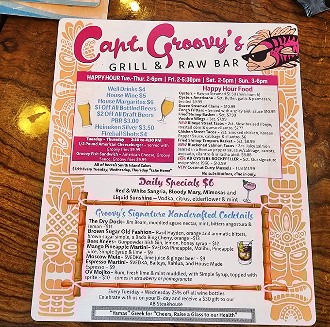 This menu isn't just a list—it's a treasure map to seafood nirvana. The cocktail section alone deserves its own zip code!