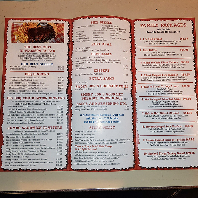 A menu that reads like barbecue poetry – each item promising smoky delights that would make even vegetarians reconsider their life choices.