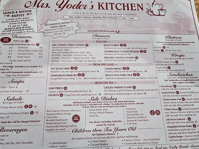 The menu reads like a love letter to Midwestern comfort food, with fried chicken getting the bold circle it deserves.