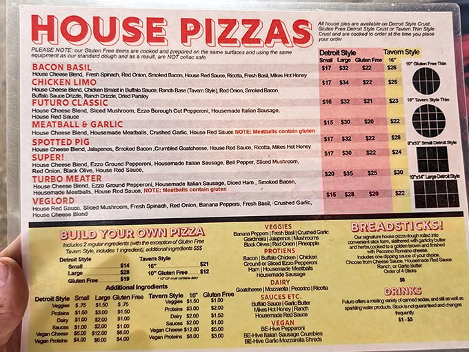 The menu reads like a love letter to pizza possibilities – from Detroit-style to tavern thin, each option more tempting than the last.