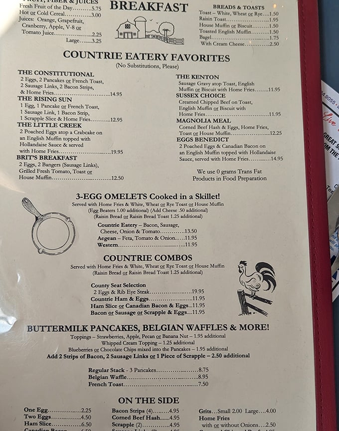 The menu reads like a love letter to breakfast classics—each dish named with small-town charm that would make Norman Rockwell reach for his fork.