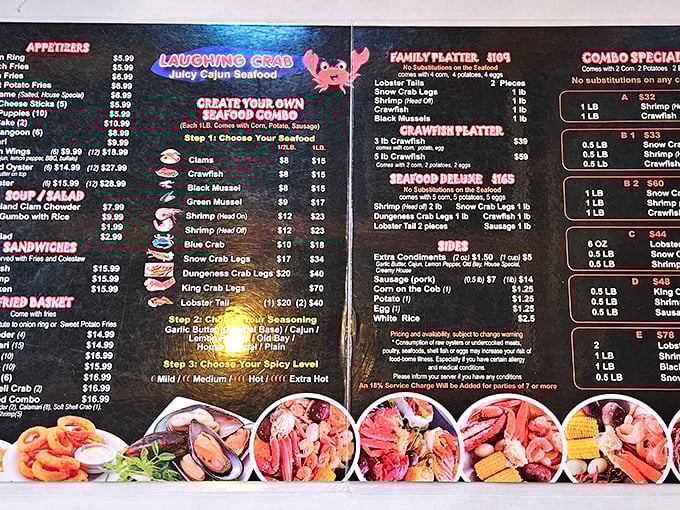 The menu reads like a love letter to Louisiana—choose your seafood, pick your seasoning, select your spice level, and prepare for flavor nirvana.