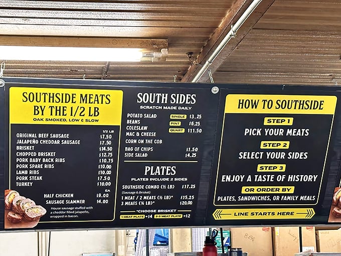 The menu board reveals the holy trinity of Texas barbecue – brisket, ribs, and that famous Elgin sausage – all sold by weight, as nature intended.