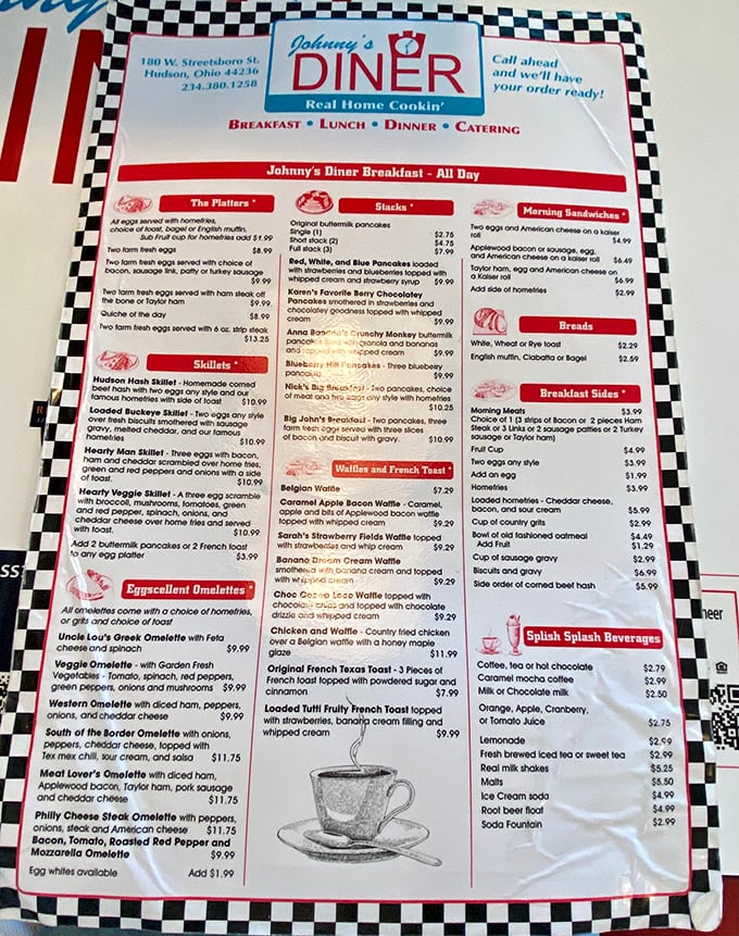 This menu isn't just a list of food – it's a roadmap to happiness with "Eggscellent Omelettes" and pancakes that deserve their own zip code.