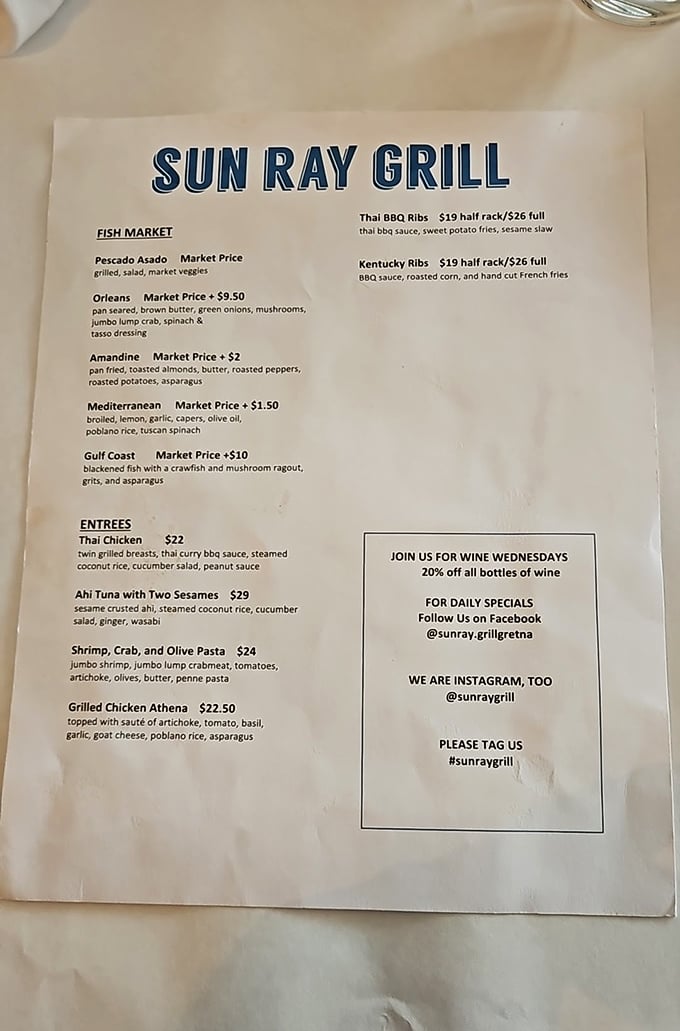 A menu that reads like a culinary passport—Thai BBQ ribs sharing space with Louisiana seafood is the kind of diplomacy we need more of.
