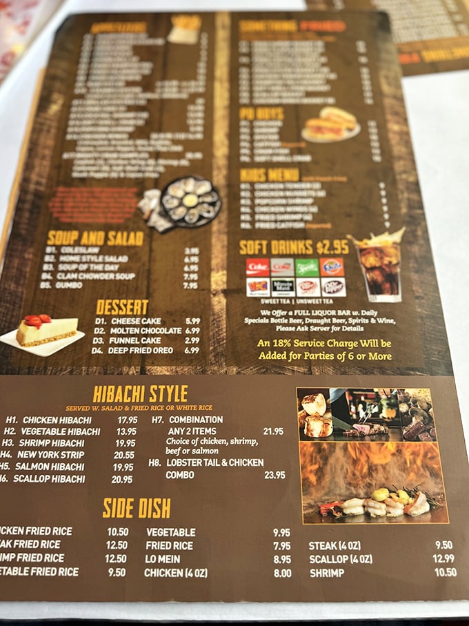 The menu reads like a love letter to seafood enthusiasts—hibachi options for the landlubbers and deep-fried Oreos for those who save room.