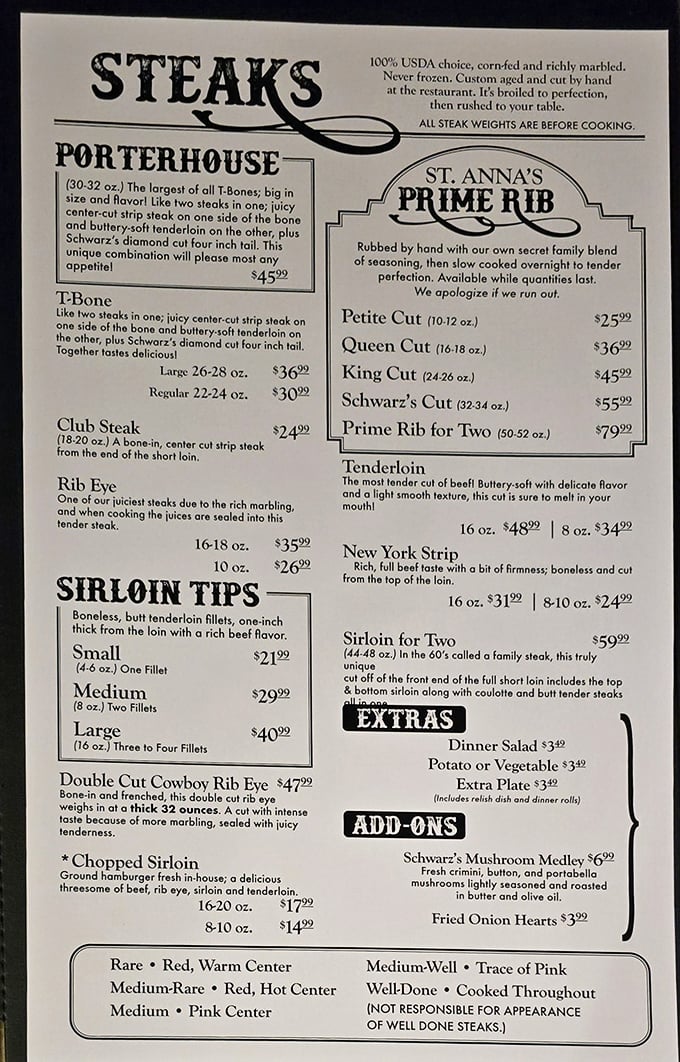 This menu isn't just a list—it's a declaration of beef devotion. St. Anna's Prime Rib steals the spotlight while other cuts wait in the wings.