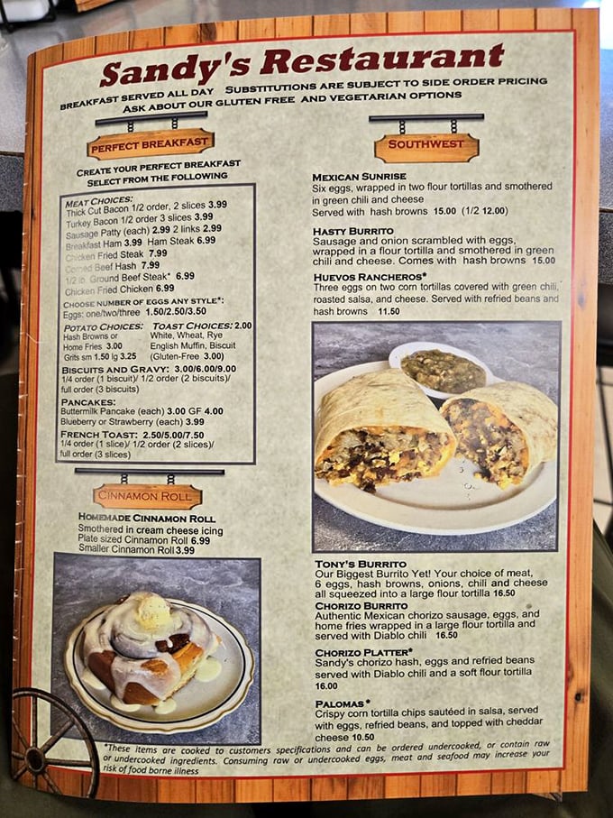 This menu isn't just a list of food—it's a roadmap to happiness. Note the prominence of biscuits and gravy, as it should be.