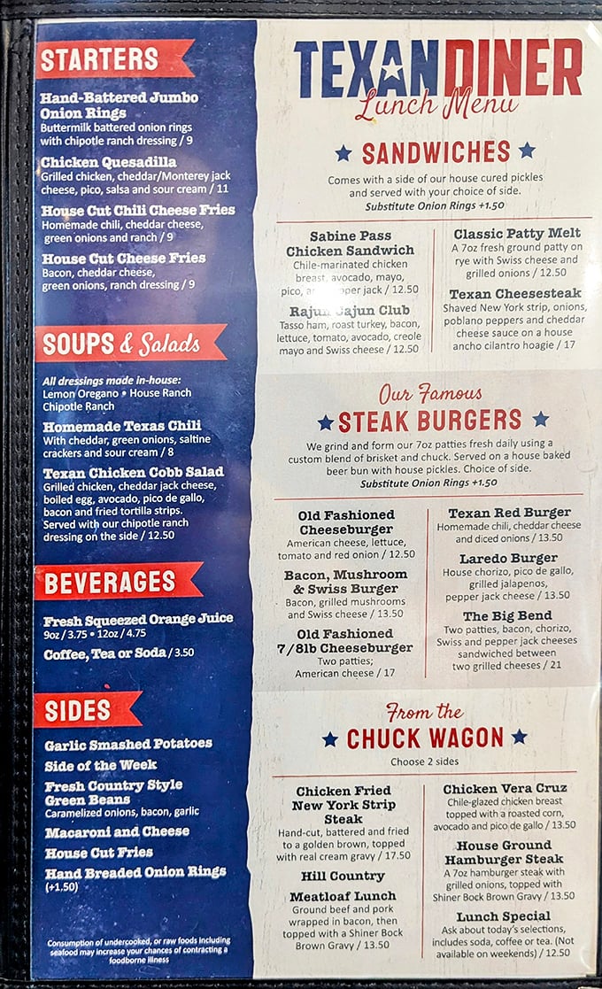 This isn't just a menu—it's a roadmap to happiness. The "Chuck Wagon" section alone could solve most of life's problems, at least temporarily.