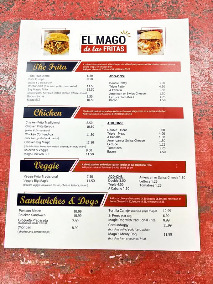This menu isn't just a list—it's a roadmap to Cuban-American happiness. The frita section alone could make a cardiologist weep with joy.
