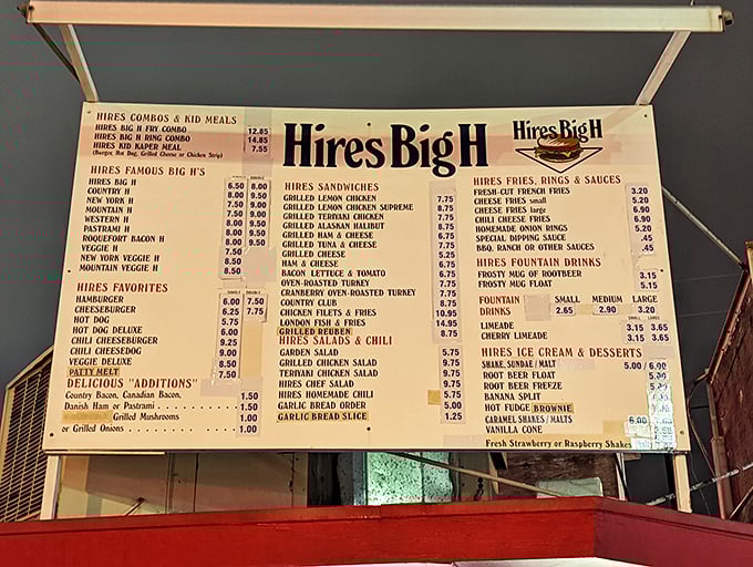 The menu board at Hires is like a greatest hits album of American comfort food classics—every item has earned its place.