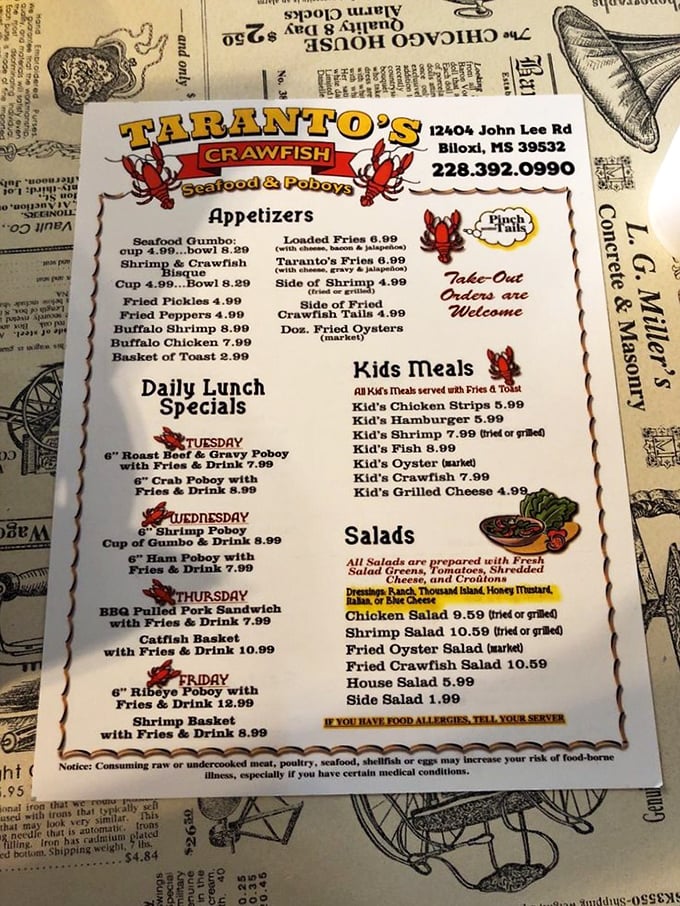 This menu isn't just a list of food – it's a treasure map to seafood nirvana, with daily specials that'll make you rethink your schedule.