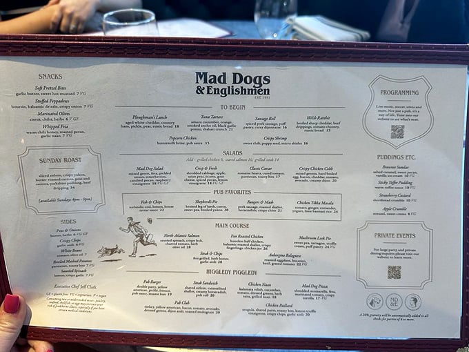 The menu reads like a love letter to British cuisine, with "Higgledy Piggledy" section titles that would make Shakespeare chuckle with delight.