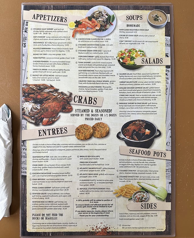 The menu reads like a love letter to the Chesapeake Bay—where "Ducks of Seagulls" isn't an 80s band but a friendly warning about your french fries' fate.