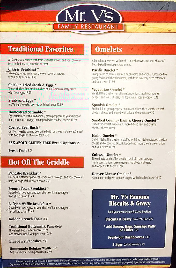 The menu tells the whole story—fresh-cut hashbrowns, homemade biscuits, and an Idaho Omelet that pays proper homage to the state's famous potatoes.
