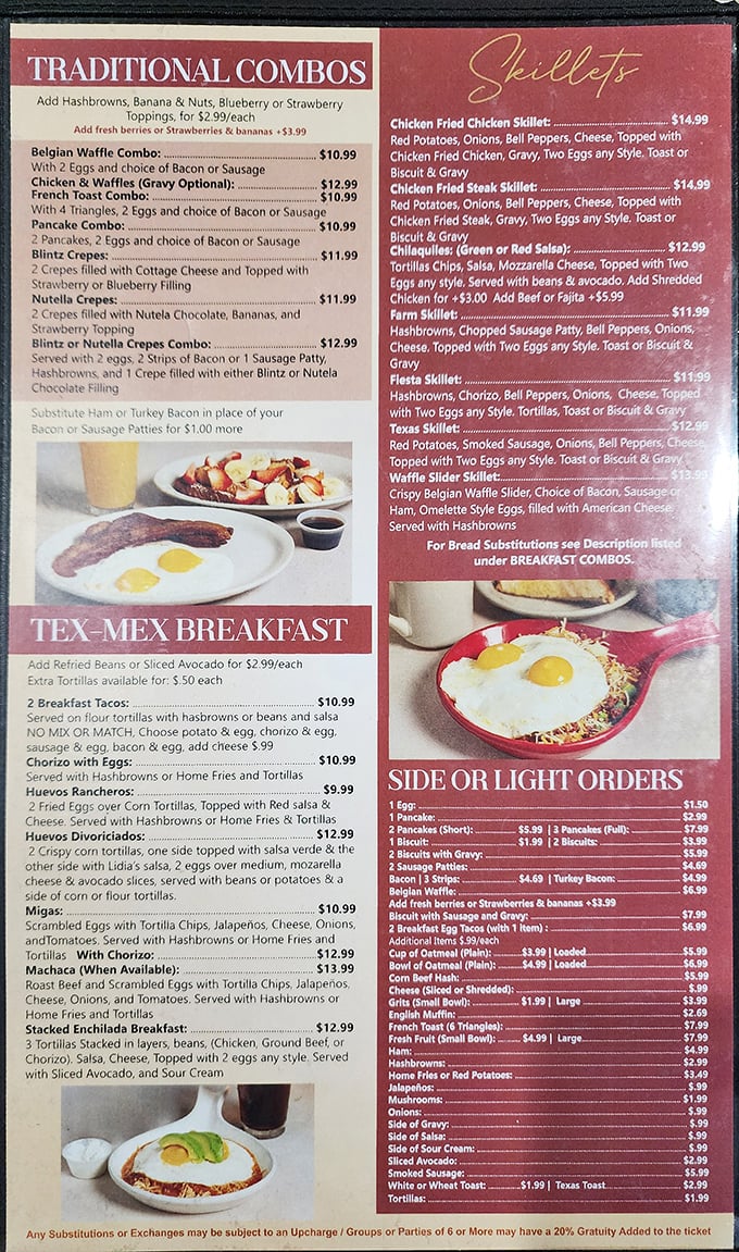 This menu isn't just a list of food—it's a roadmap to happiness with "Traditional Combos" and "Skillets" as your delicious destinations.
