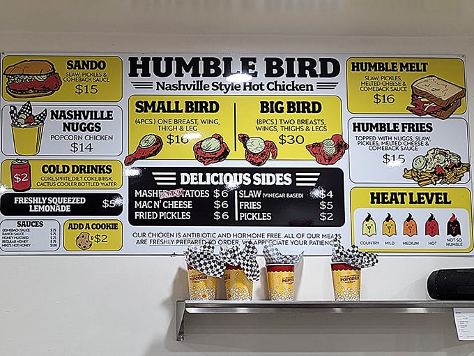 Decision paralysis has never looked so delicious. From the signature Sando to Nashville Nuggs, this menu board is basically a roadmap to flavor town.