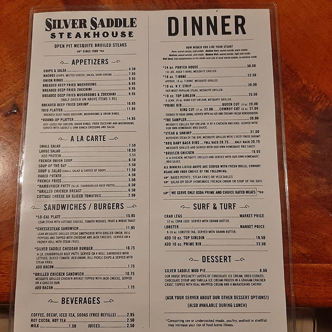 This isn't just a menu – it's a roadmap to carnivorous happiness with prime rib leading the way.