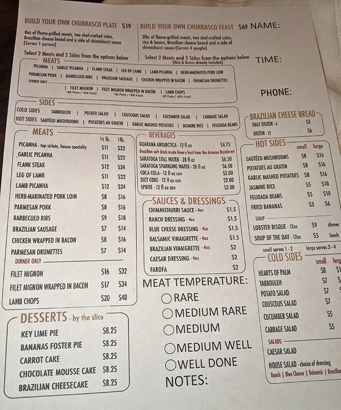 This isn't just a menu—it's a roadmap to protein paradise. Choose your own meaty adventure with temperature options from "still mooing" to "well done."