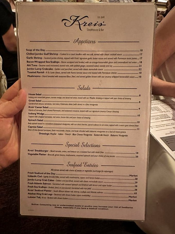The menu at Kreis' reads like poetry to meat lovers—appetizers that tease, seafood that tempts, and steaks that fulfill promises.