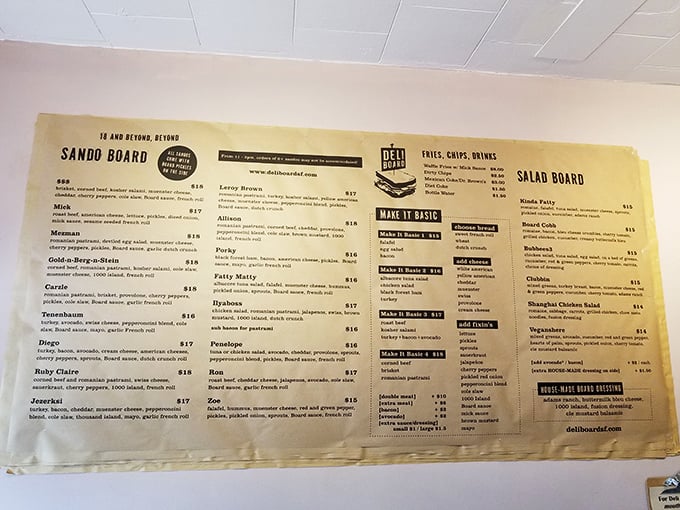 The menu board reads like a love letter to sandwich aficionados—each quirky name representing a masterpiece that would make Michelangelo drop his paintbrush for a bite.