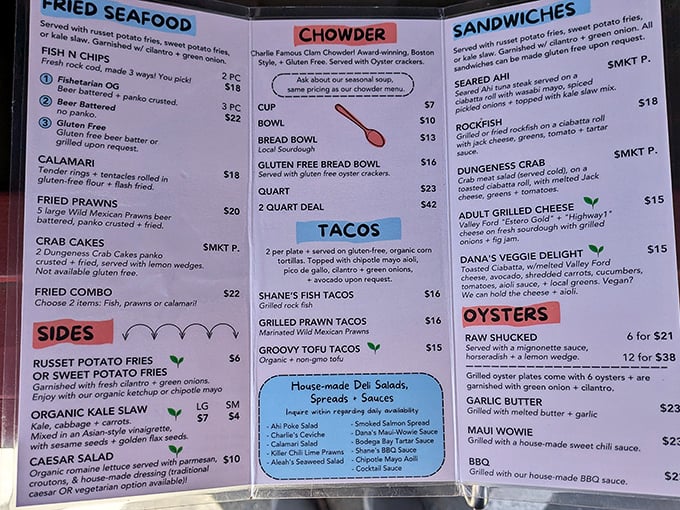 A menu that reads like coastal poetry – notice how "chowder" gets its own spotlight section? That's not an accident, folks.