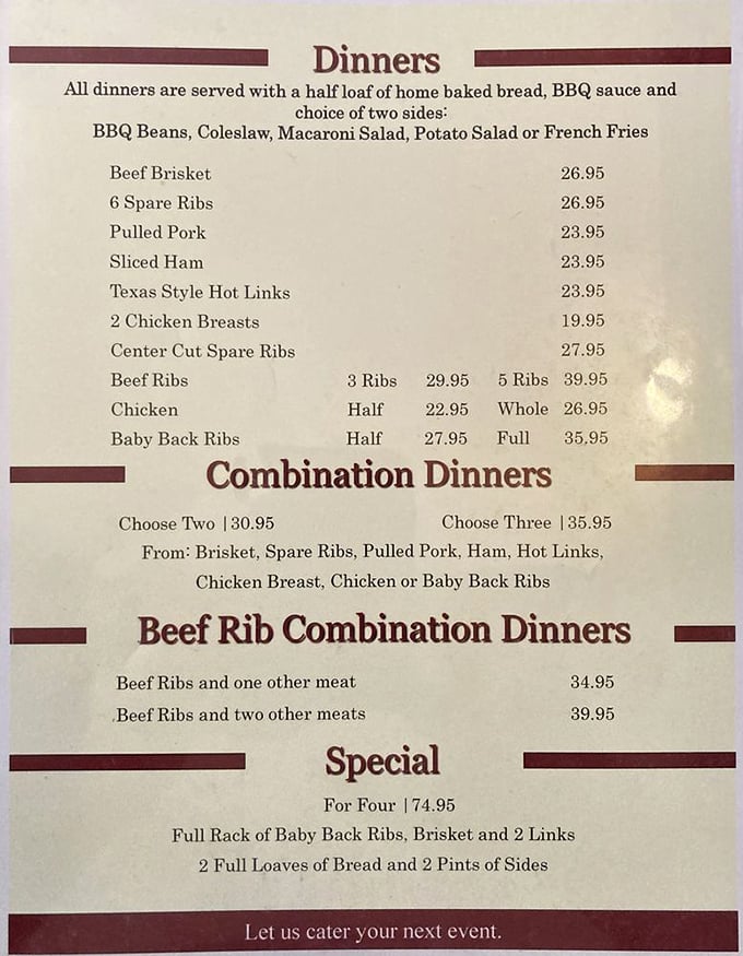 This menu isn't just a list—it's a roadmap to happiness. Each option promises a different journey to BBQ nirvana.
