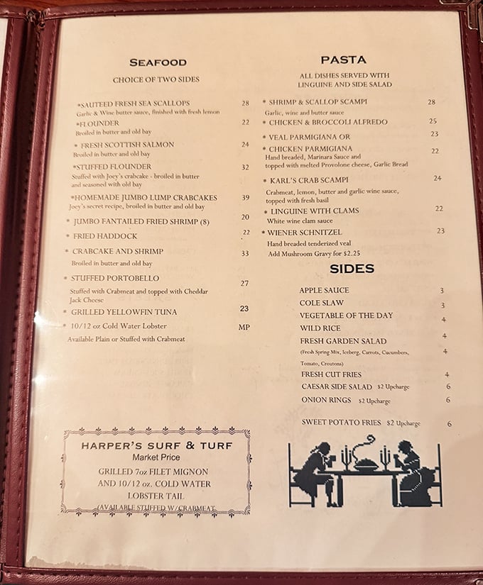This isn't just a menu—it's a treasure map where X marks the spot for seafood bounty and pasta paradise. Choose your adventure wisely.