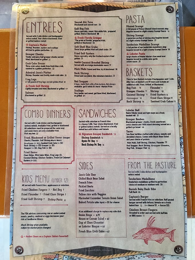 A menu that reads like a love letter to the Gulf of Mexico—each item a promise of seafood done right.