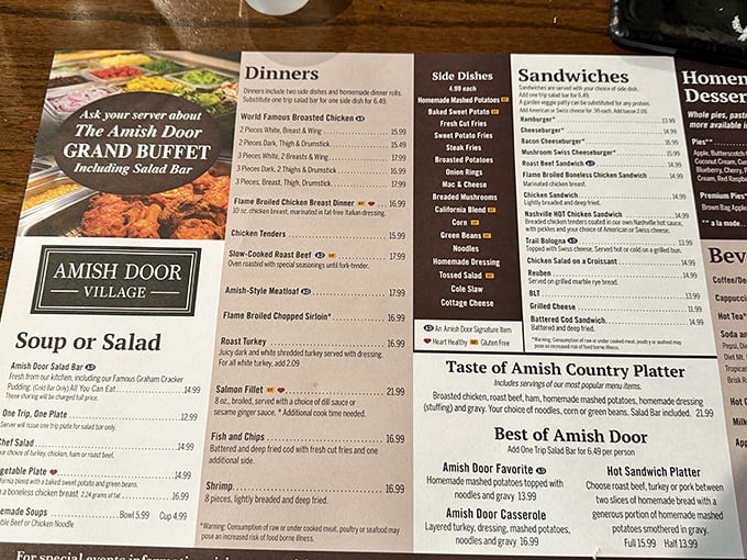 This menu isn't just a list of options—it's a roadmap to happiness. The "Taste of Amish Country Platter" calls to indecisive food lovers everywhere.