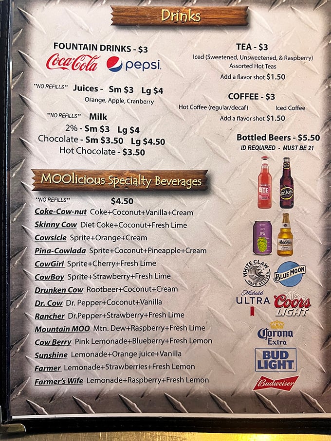 The "MOOlicious" drink menu proves someone had way too much fun naming these concoctions. The "Drunken Cow" might be the only acceptable 10 AM cocktail.