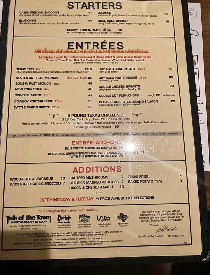 This isn't just a menu – it's a bucket list for beef enthusiasts. The 5-pound Texas Challenge isn't just dinner; it's gladiatorial combat with cutlery.
