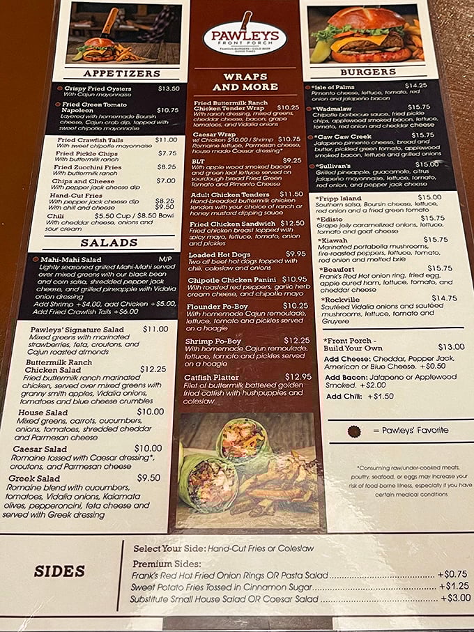 A menu that reads like a love letter to South Carolina's coast, with each burger named after a beloved beach town.