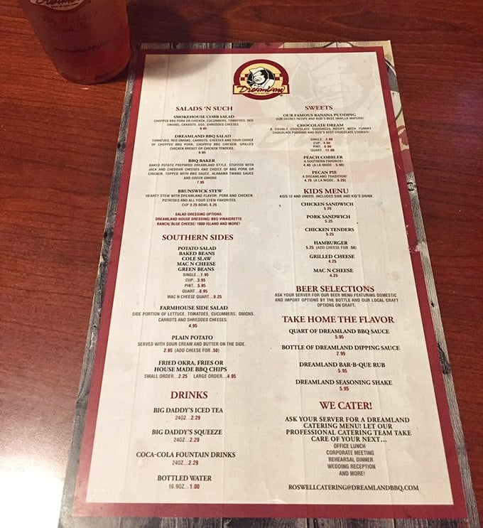 The menu reads like barbecue poetry – straightforward classics executed with smoky perfection, no culinary thesaurus required.