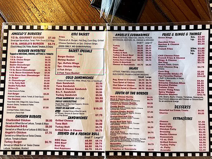The menu board at Angelo's reads like a love letter to American comfort food—extensive enough to satisfy any craving, focused enough to do everything right.