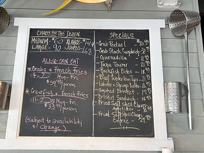 This chalkboard menu isn't just information—it's a roadmap to happiness. The "All-You-Can-Eat" section is where dreams are made and belts are loosened.