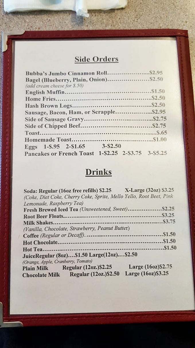 A menu where prices won't give you indigestion. Bubba's Jumbo Cinnamon Roll sits at the top like the celebrity it is—the Beyoncé of breakfast pastries.