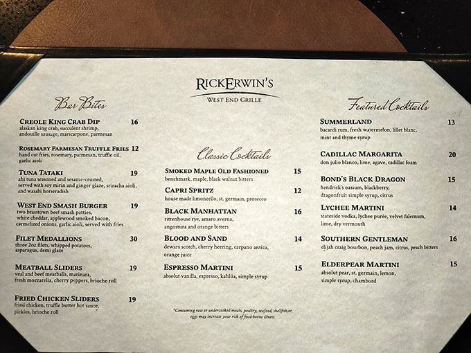 The menu reads like a love letter to indulgence—Creole King Crab Dip and Smoked Maple Old Fashioned? Yes, please!