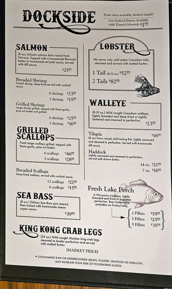 The seafood menu reads like a love letter to the ocean, despite being hundreds of miles from any coastline. Wisconsin magic!